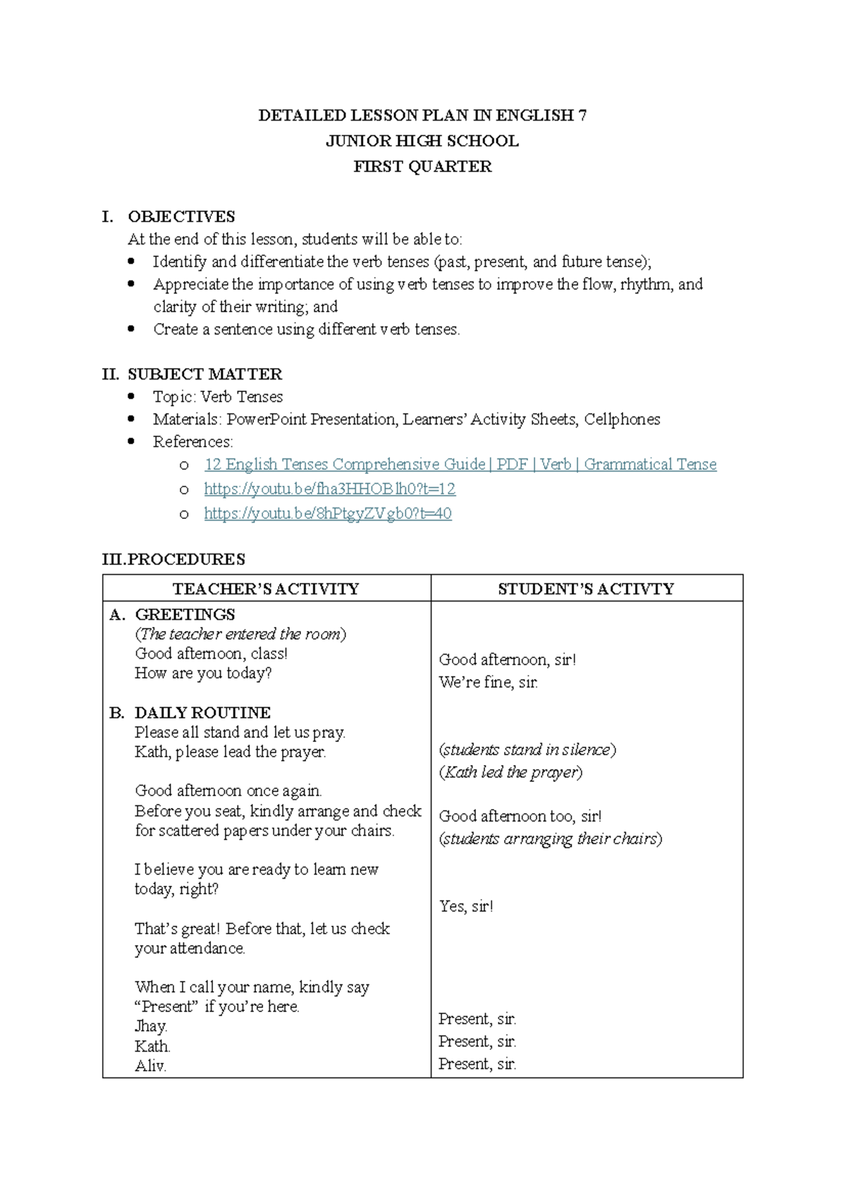 ENED093 Detailed Lesson Plan: Teaching Verb Tenses in English 7 - Studocu