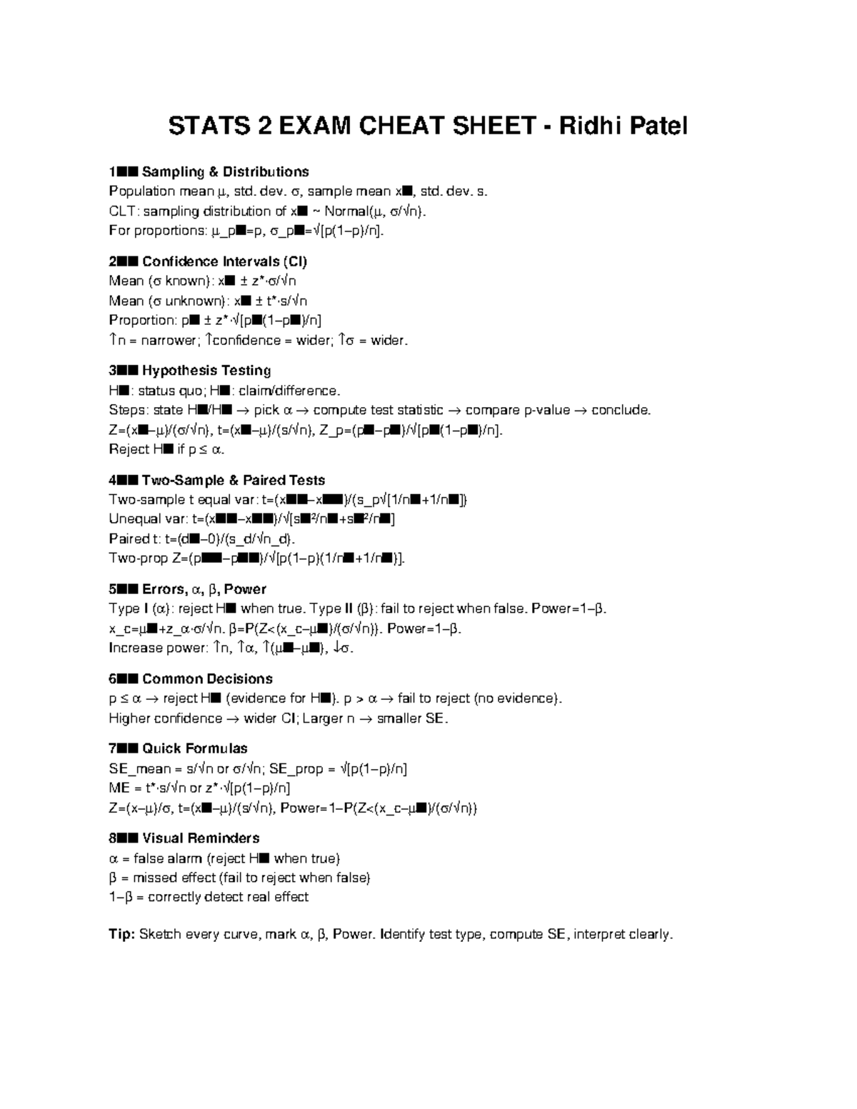 STATS 2 FINAL EXAM CHEAT SHEET: Sampling Distributions & Hypothesis ...