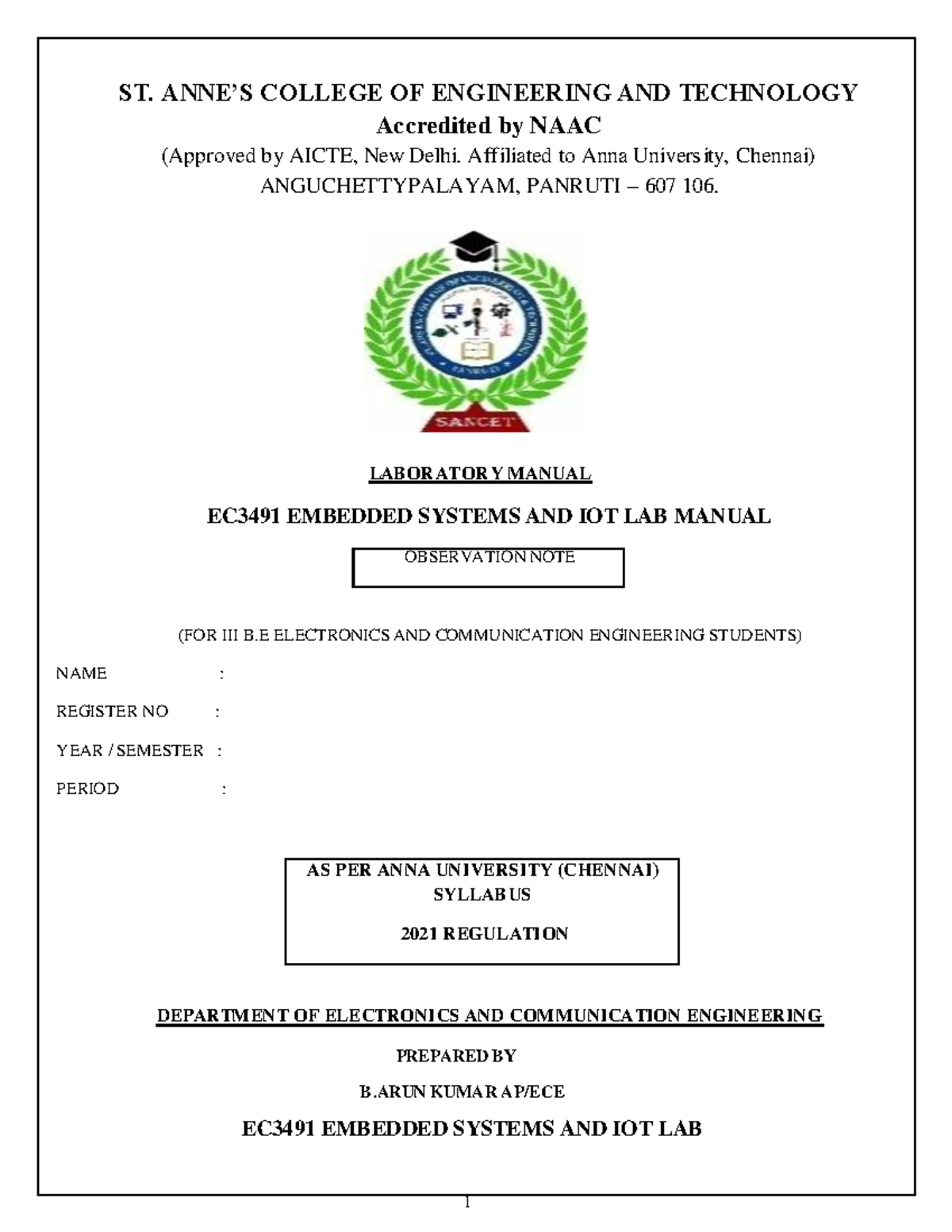 EC3491 - Embedded Systems and IoT Lab Manual for III B ECE Students ...