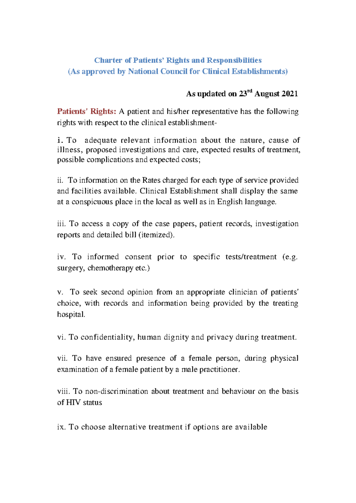 Patients' Rights and Responsibilities Charter (Clinical Standards ...