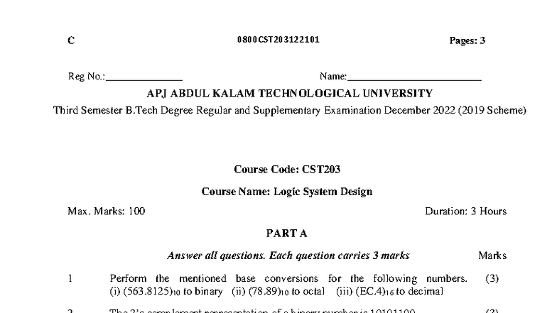 0800CST203 Final Exam Question Paper: Logic System Design Dec 2022 ...