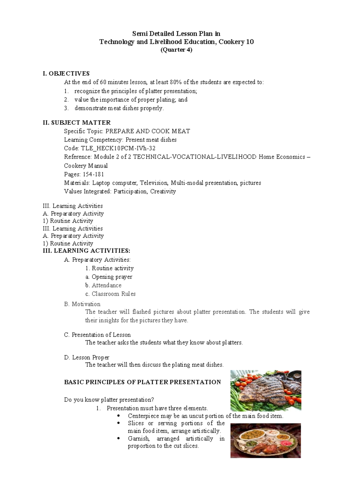TLE10: Quarter 4 Lesson Plan on Platter Presentation in Cookery 10 ...