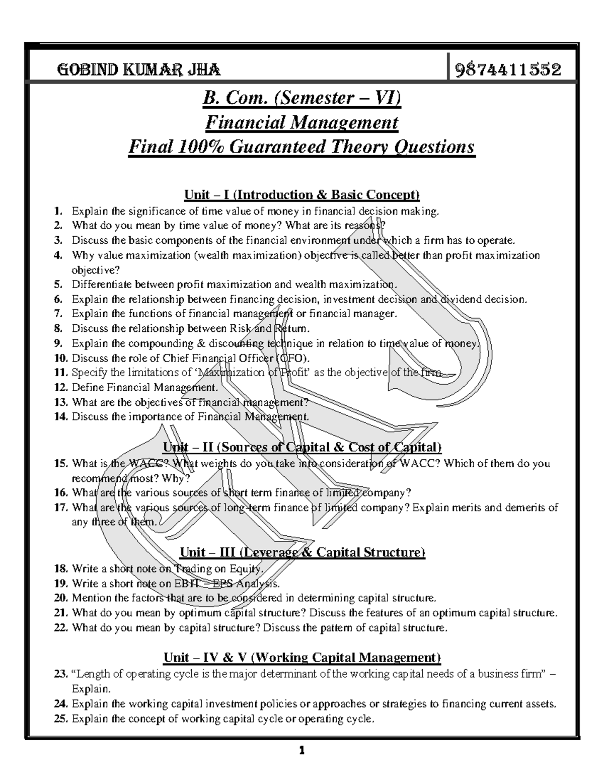 B. Com. Sem VI Financial Management Final Exam Theory Questions - Studocu