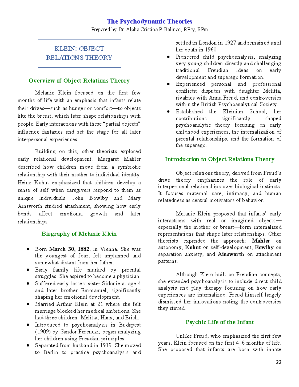 KLEIN: OBJECT RELATIONS THEORY & HORNEY'S PSYCHOANALYTIC SOCIAL THEORY ...