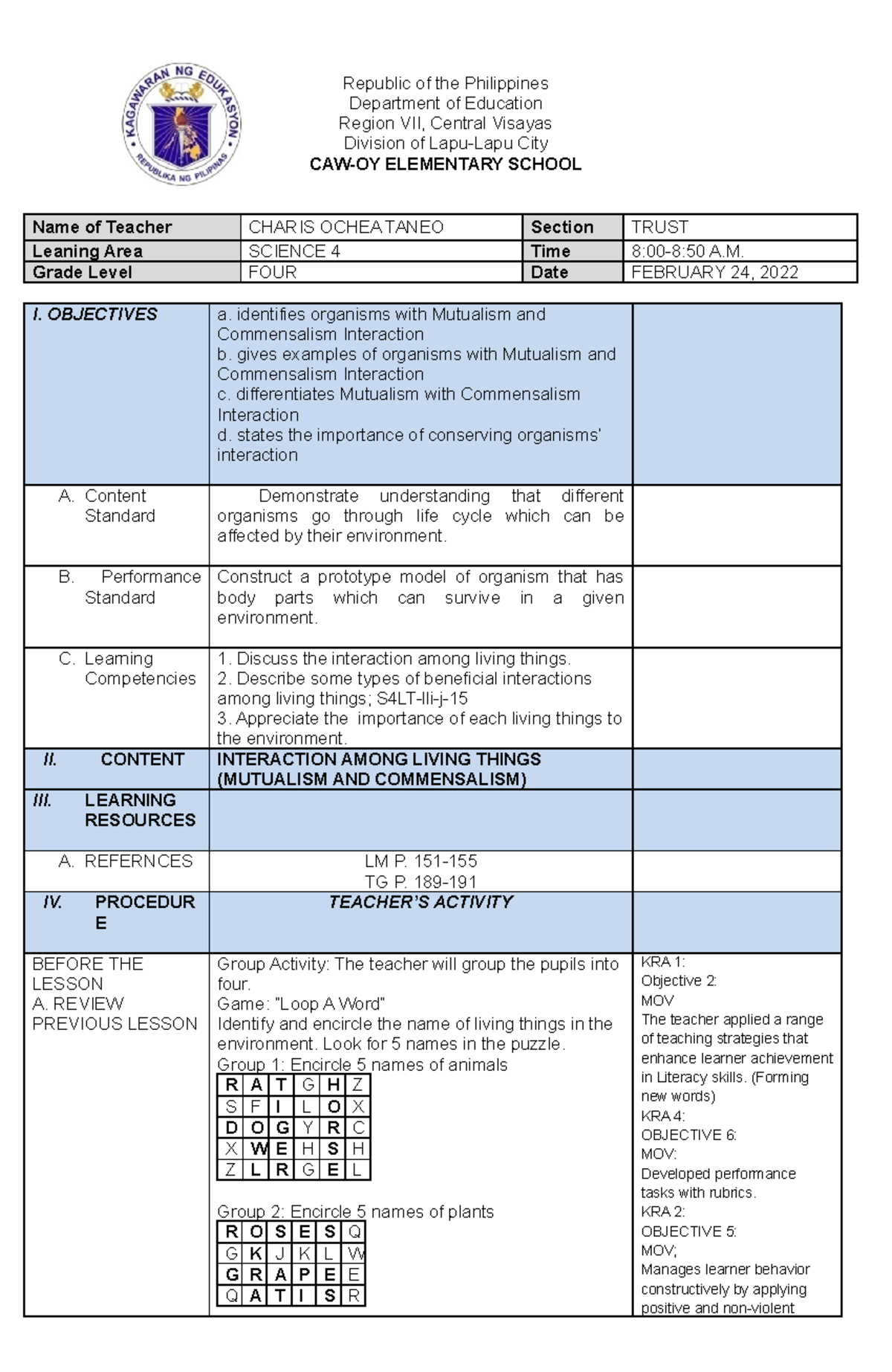 Science 4 COT 2ND Quarter - Republic of the Philippines Department of ...