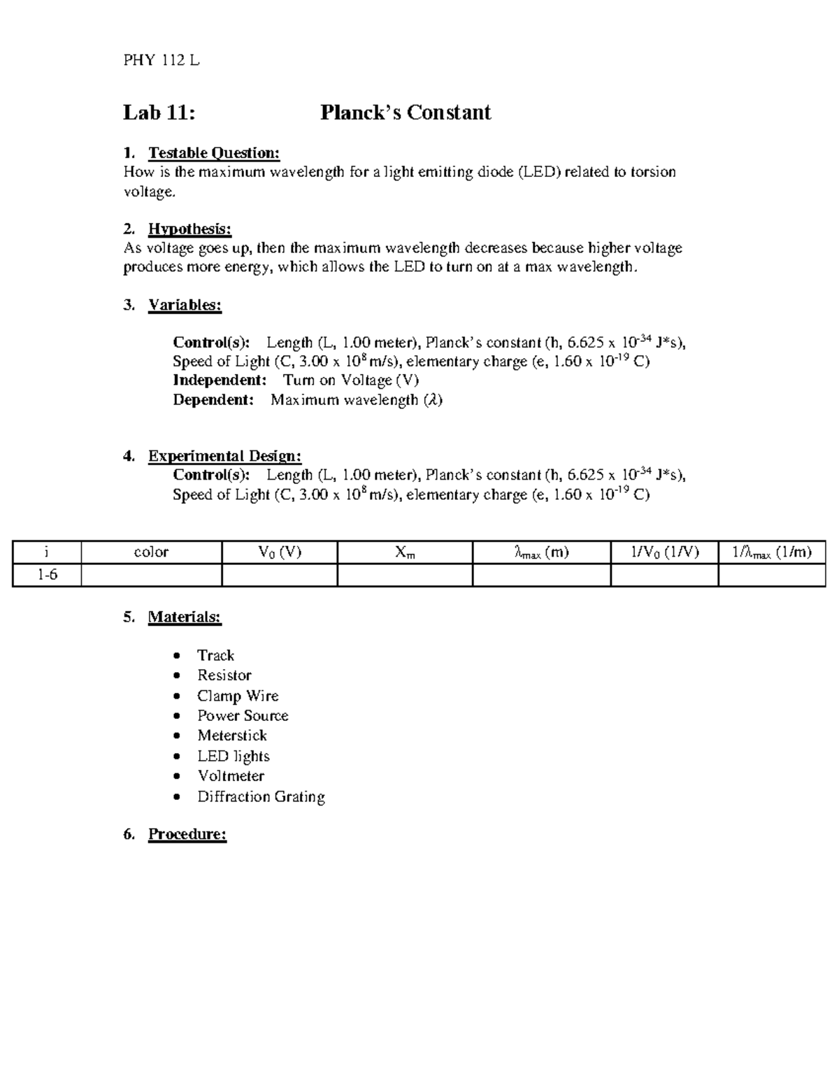 phy112l lab 11 planks constant - Lab 11 : Planck’s Constant Testable ...