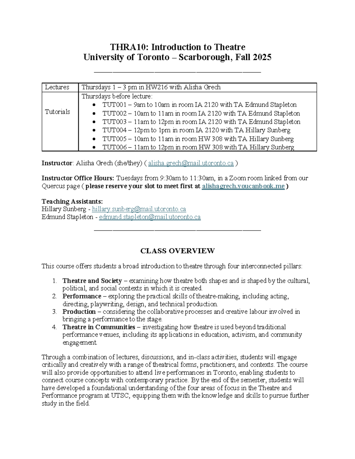 THRA10: Intro to Theatre Syllabus - Fall 2025 at UTSC - Studocu