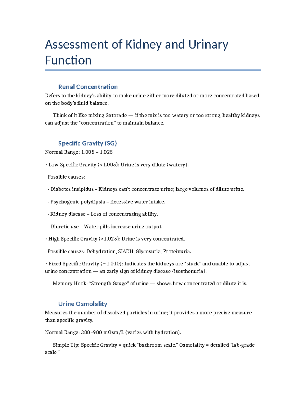 Kidney Assessment Cheat Sheet: Understanding Urinary Function and Tests ...