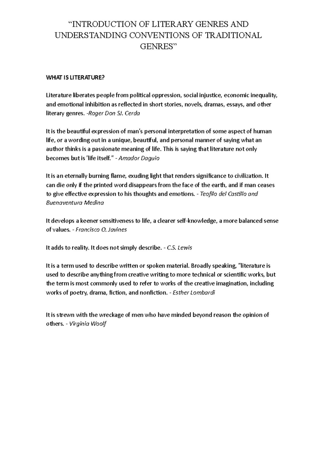 Introduction OF Literary Genres AND Understanding Conventions OF ...