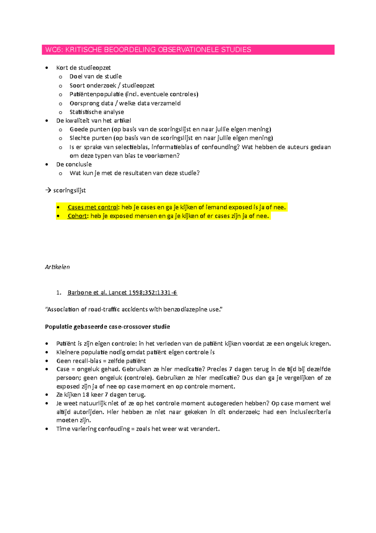 Werkcollege 6 - Kritische Beoordeling van Observationele Studies ...