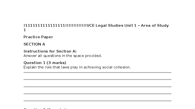 Legal Studies Unit 1 AOS 1 Extra Practice Questions and Answers - Studocu