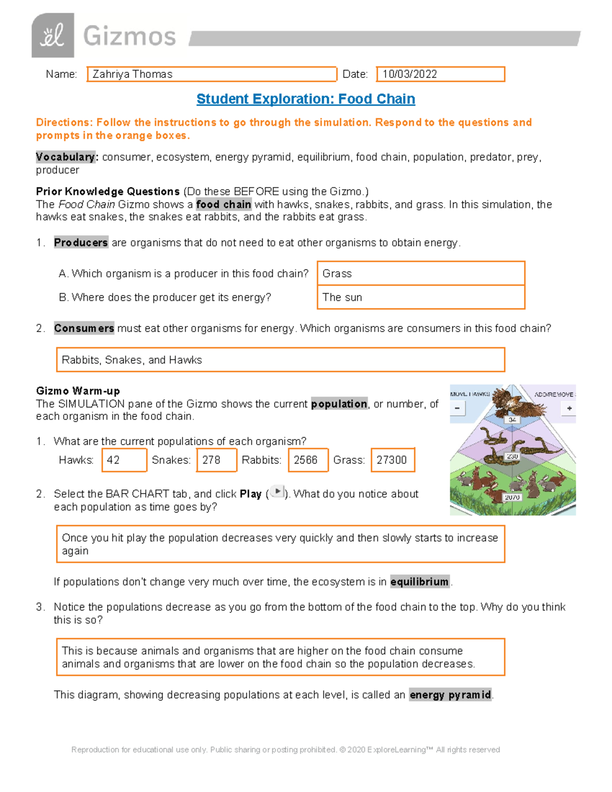 Gizmos Food Chains - Name: Zahriya Thomas Date: 10/03/ Student ...