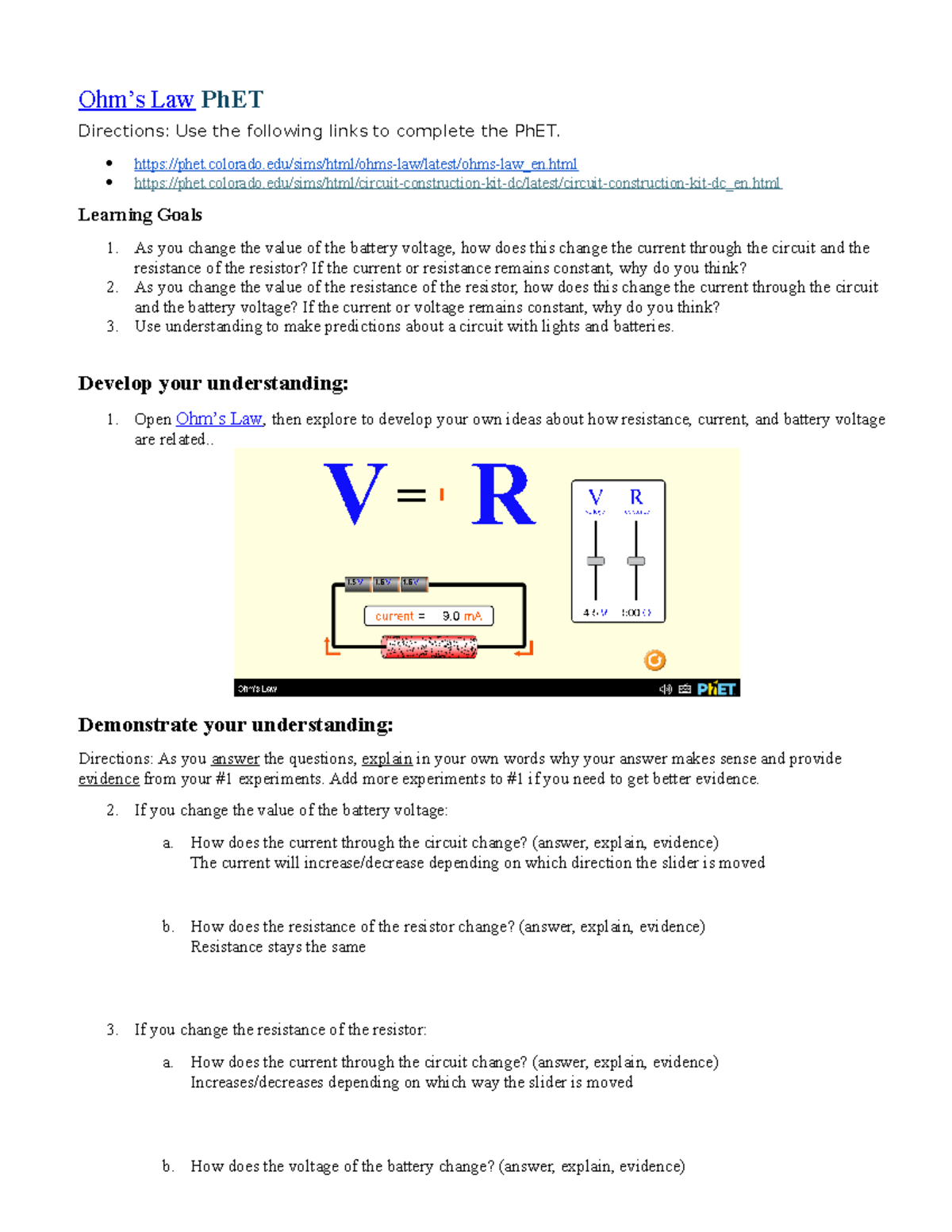 Ohms Law PhET Lab Questions - Ohm’s Law PhET Directions: Use the ...