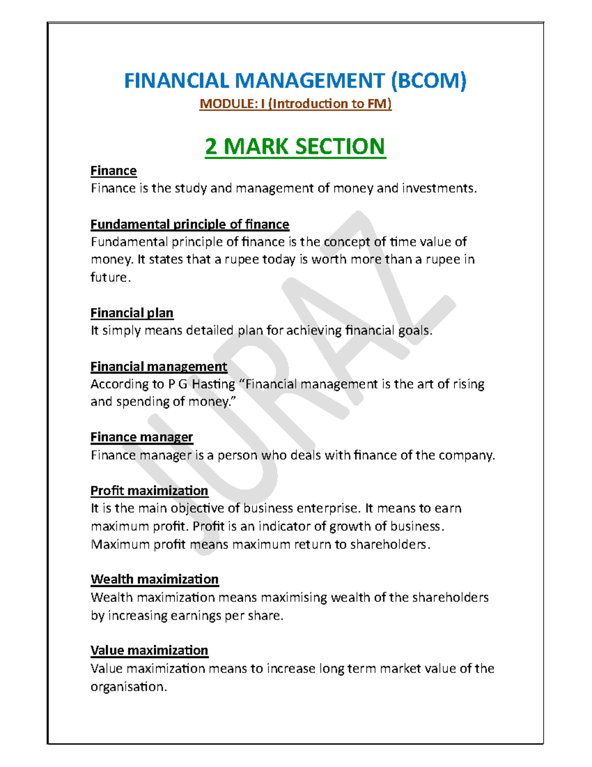 Financial Management (BCOM) Module I: Key Concepts & Principles Summary ...
