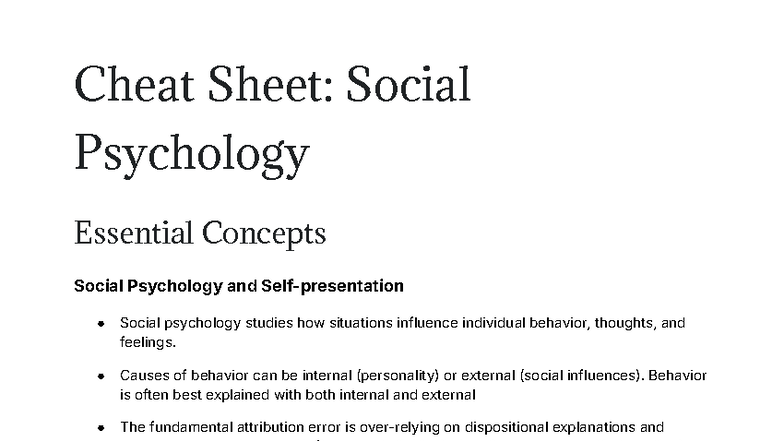 Social Psychology Cheat Sheet: Key Concepts & Terms (PSY101) - Studocu