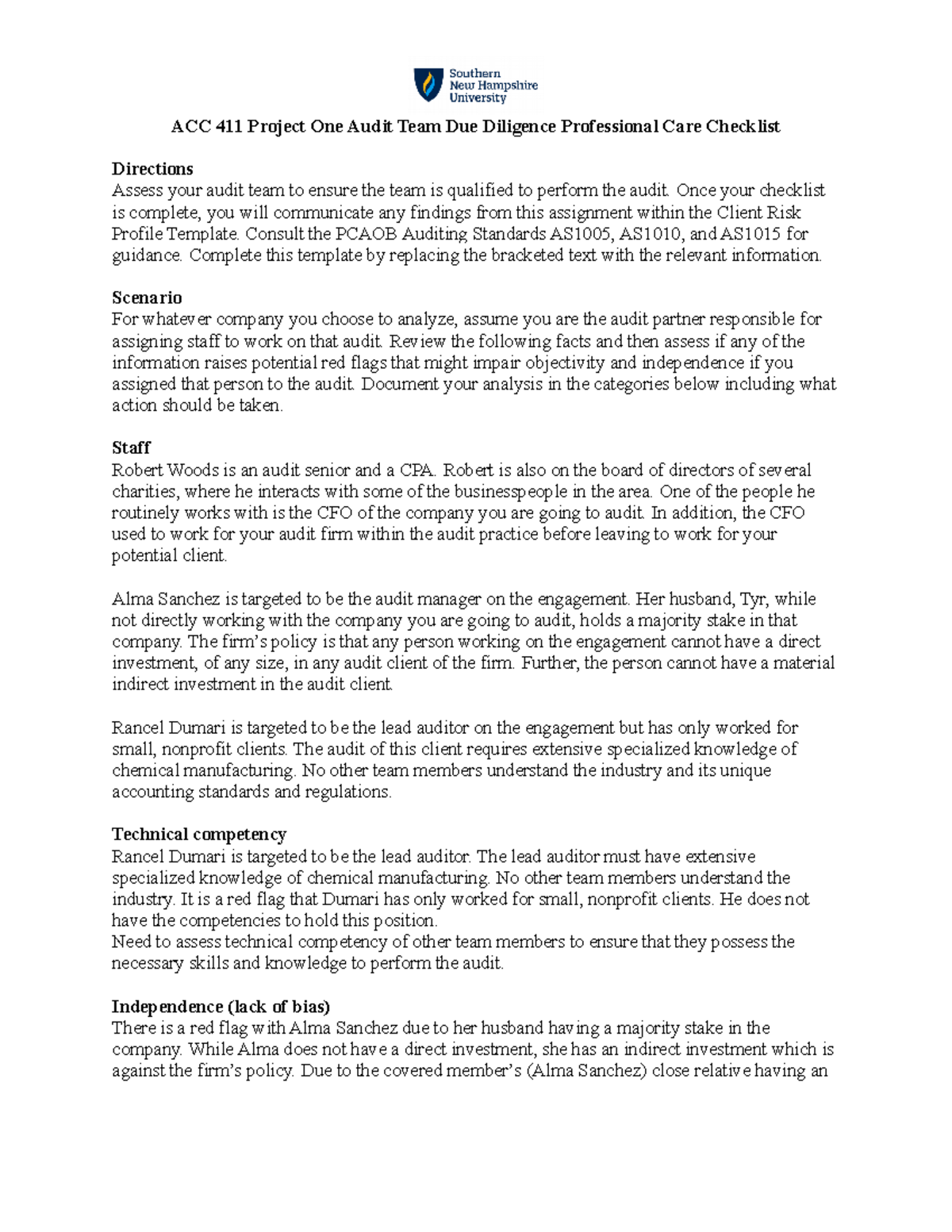 ACC 411 Project One Audit Team Due Diligence Checklist Analysis - Studocu