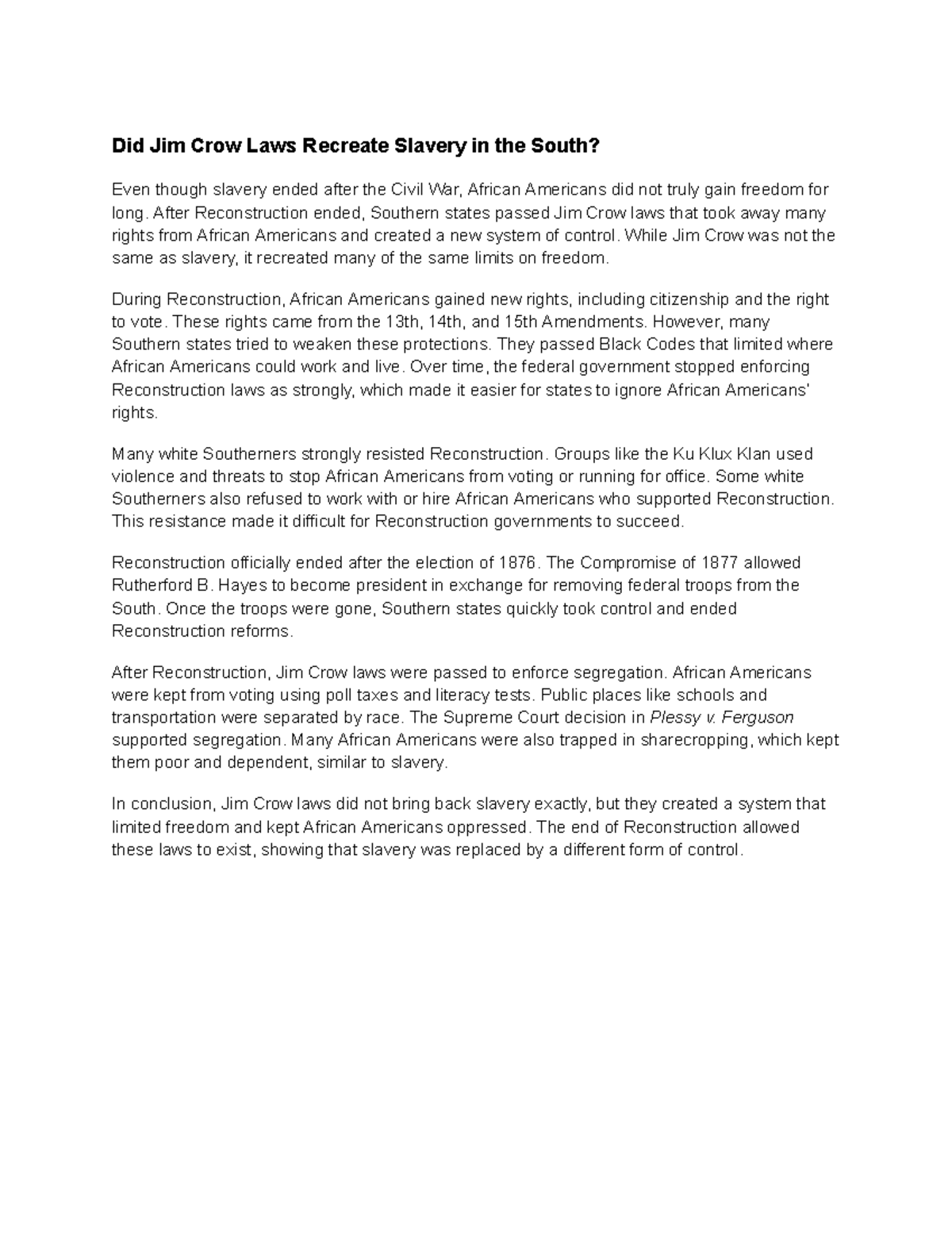 Jim Crow Laws: A New Form of Control Post-Reconstruction - Studocu