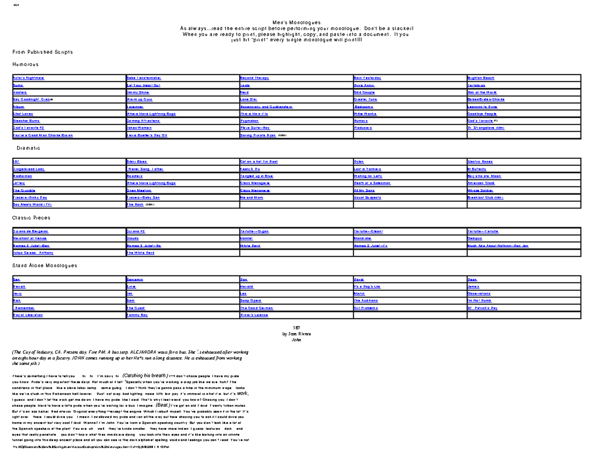 Men Monologues: A Collection of Dramatic Scripts and Performances - Studocu