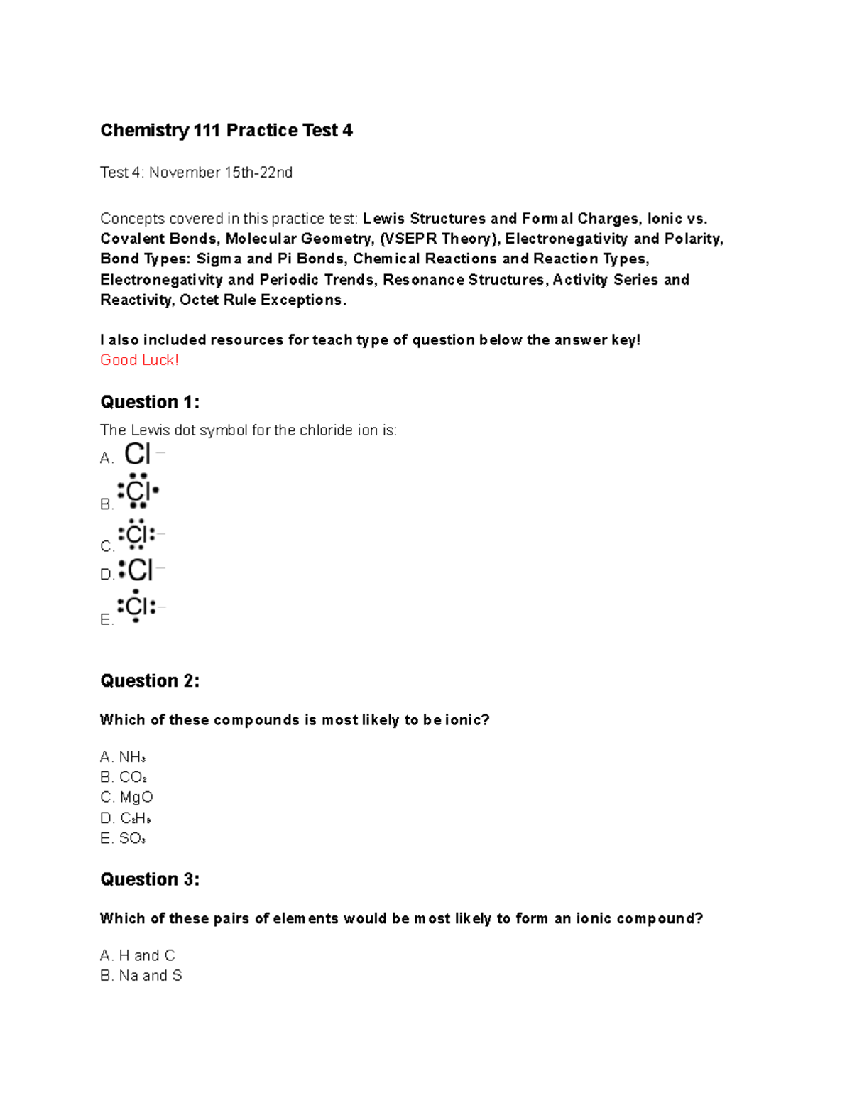 Chemistry 111 Practice Test 4 - Topics: Lewis Structures & Bonding ...