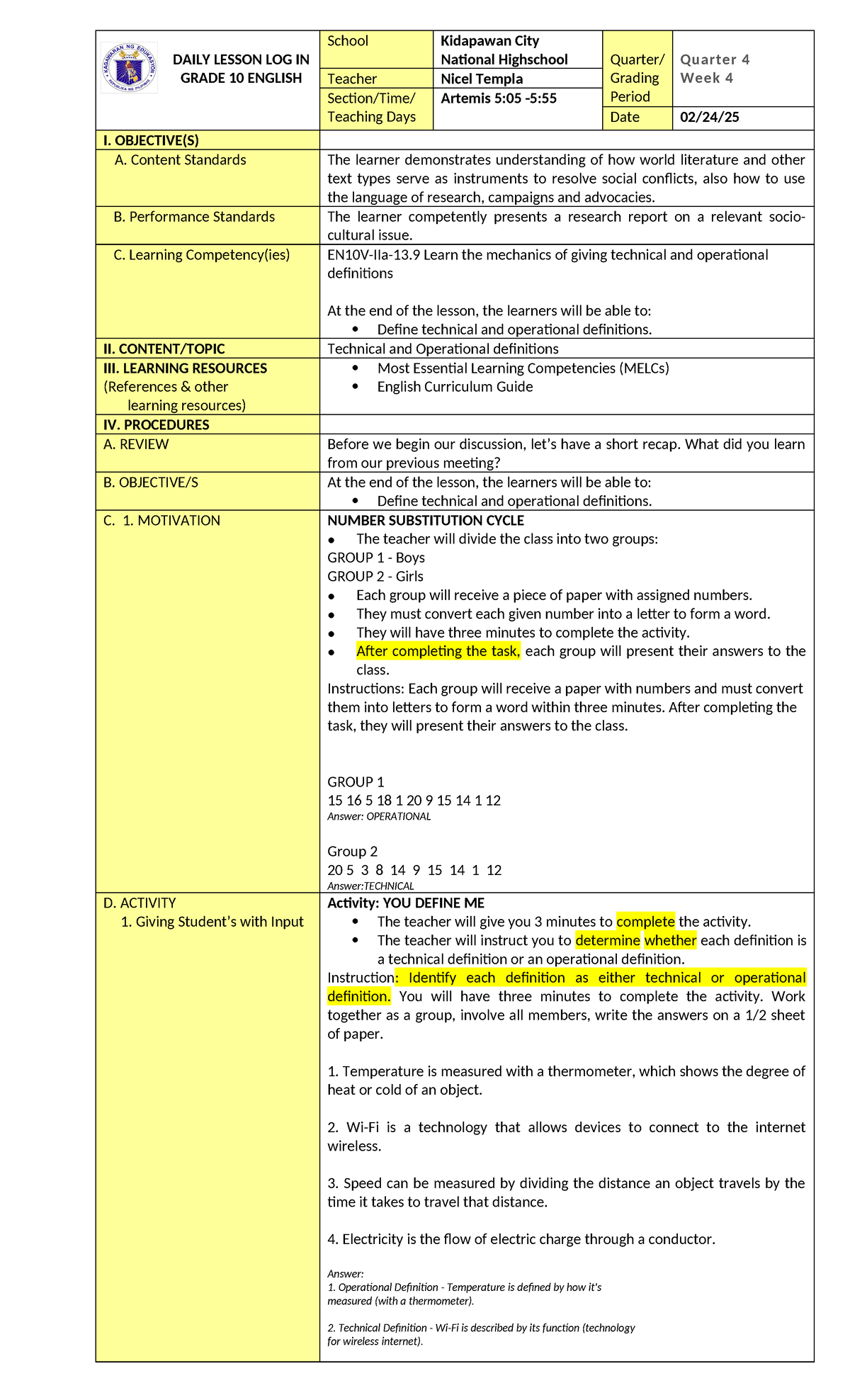 DAILY LESSON LOG: TECHNICAL & OPERATIONAL DEFINITIONS - GRADE 10 ...