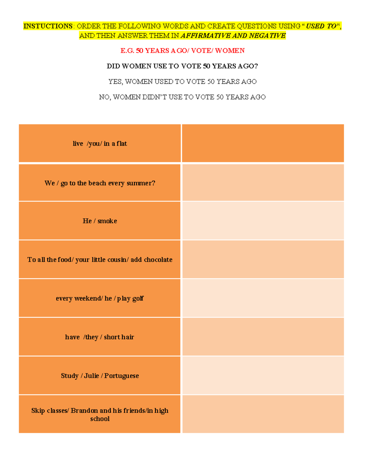 USED TO Questions - INSTUCTIONS: ORDER THE FOLLOWING WORDS AND CREATE ...