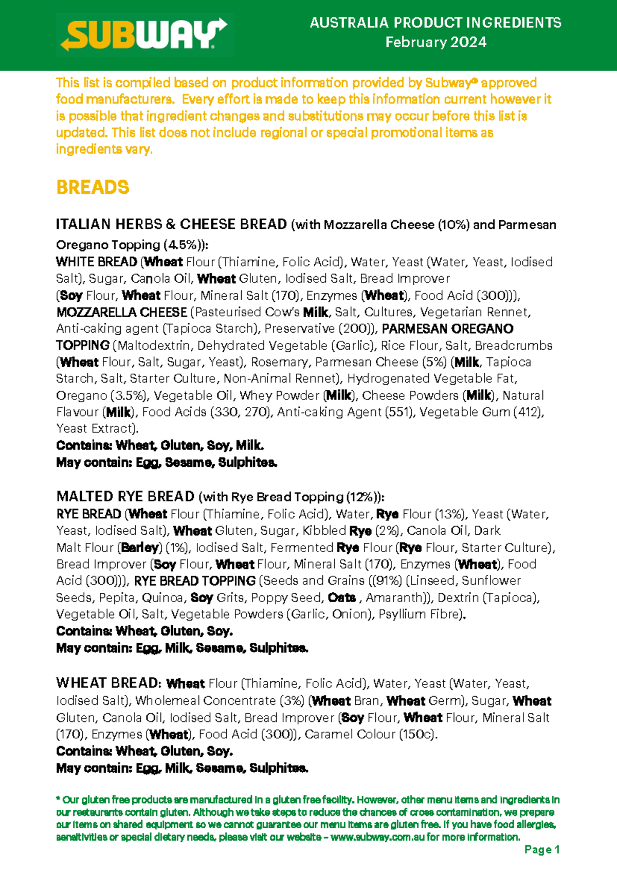 Subway Ingredient Summary - Gluten-Free Considerations (Feb 2024) - Studocu