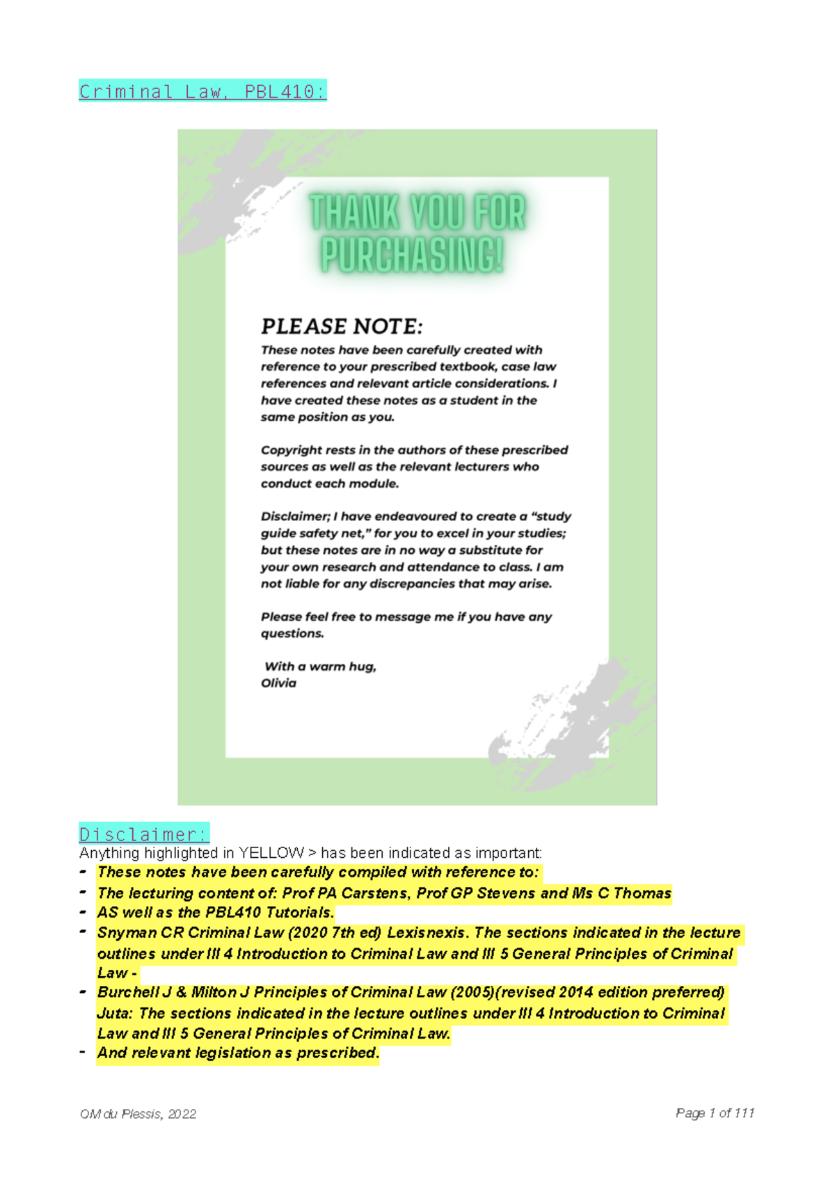 PBL410: Comprehensive Notes on Criminal Law Themes & Case Summaries ...