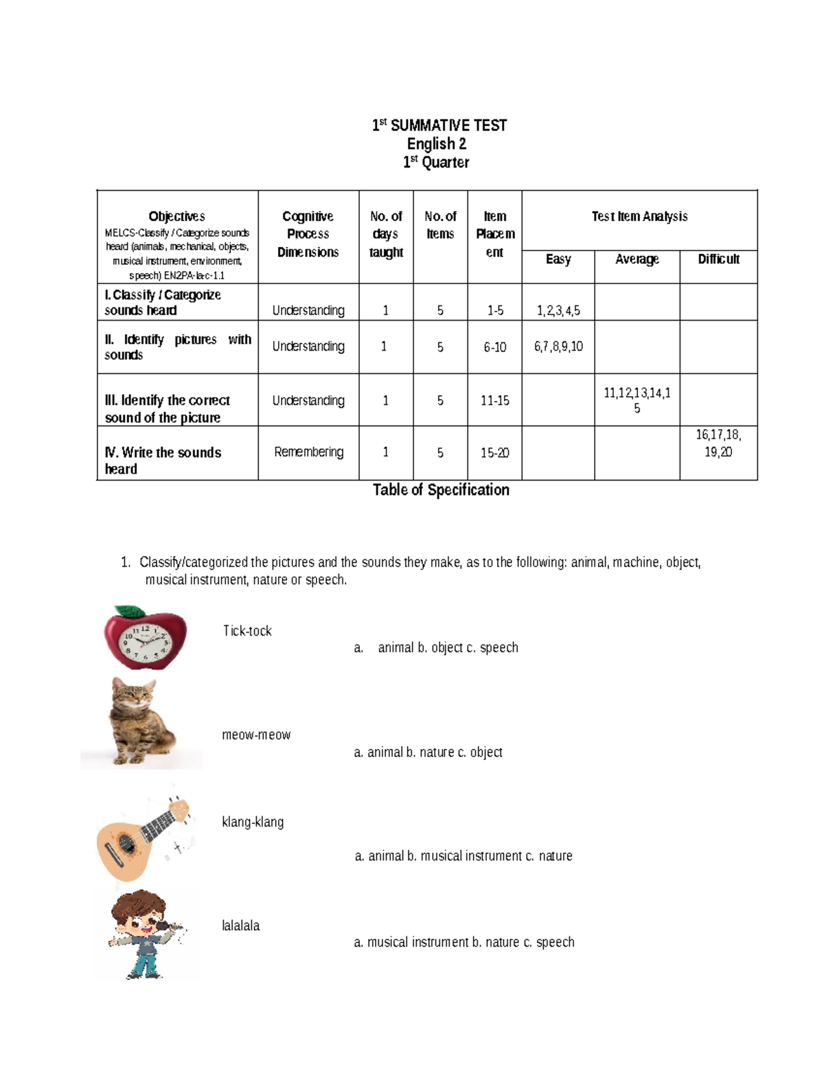 Q1 1st Summative Test: English 2 Sound Classification & Analysis - Studocu