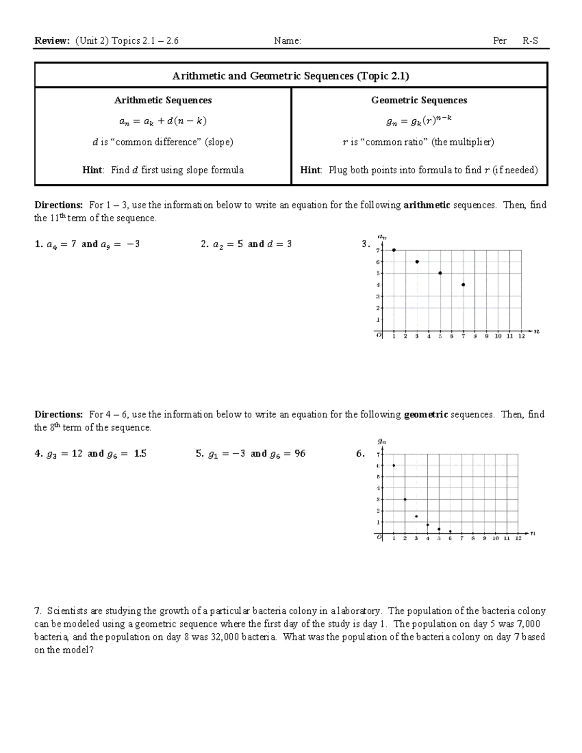 Unit 2 Review: Topics 2.1 - 2.6 - Sequences & Exponential Functions ...