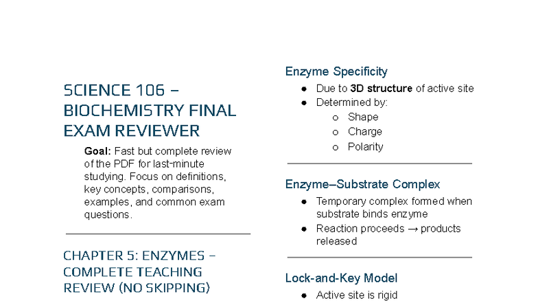 SCI 106 Biochemistry Final Exam Reviewer: Enzyme Specificity and Action ...