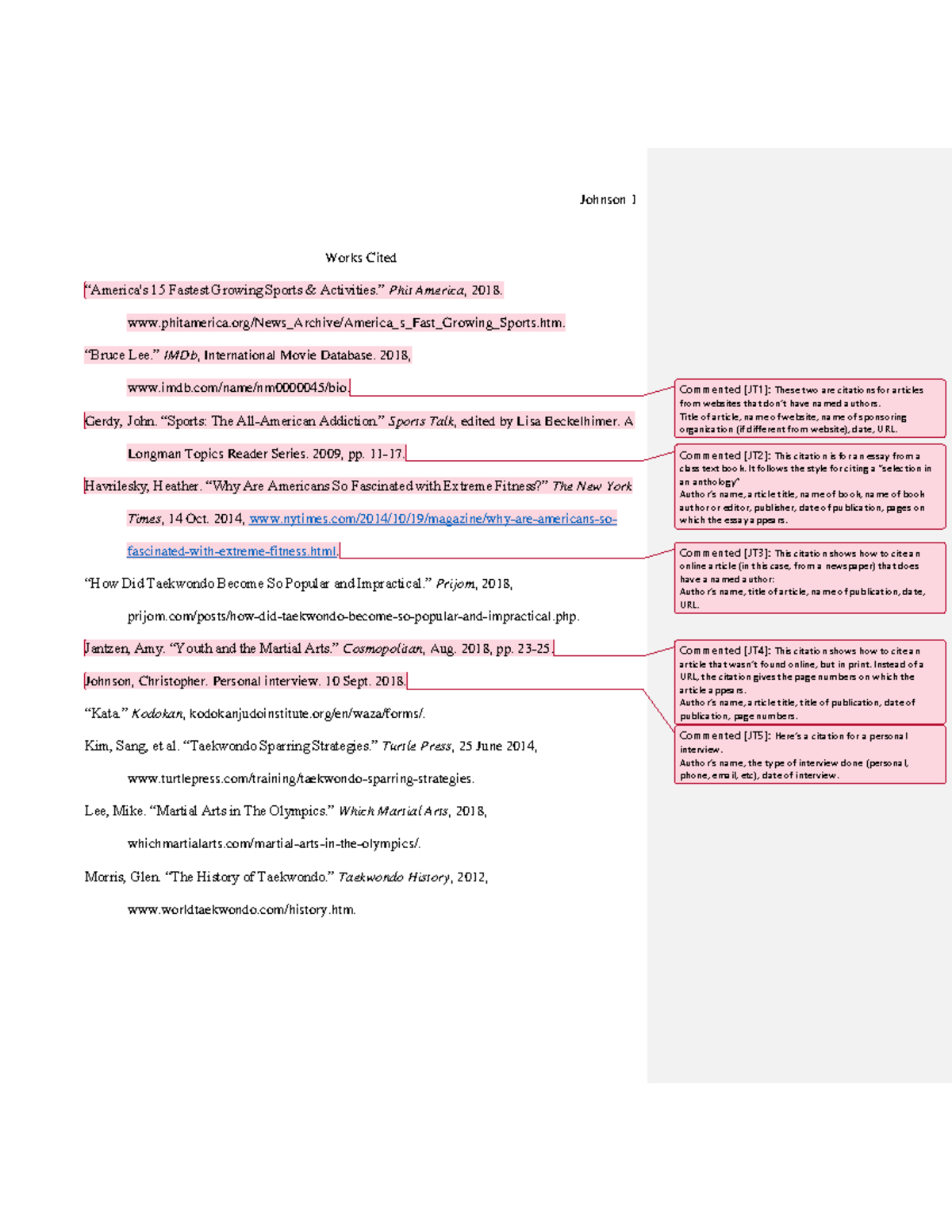 Sample Works Cited Page for Research on Taekwondo & Sports - Studocu