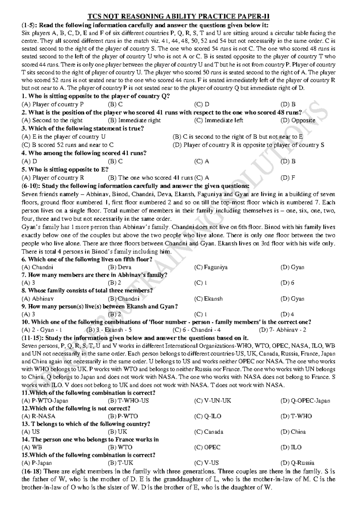 TCS NQT Reasoning Ability Practice Paper PSIT -II - TCS NQT REASONING ...