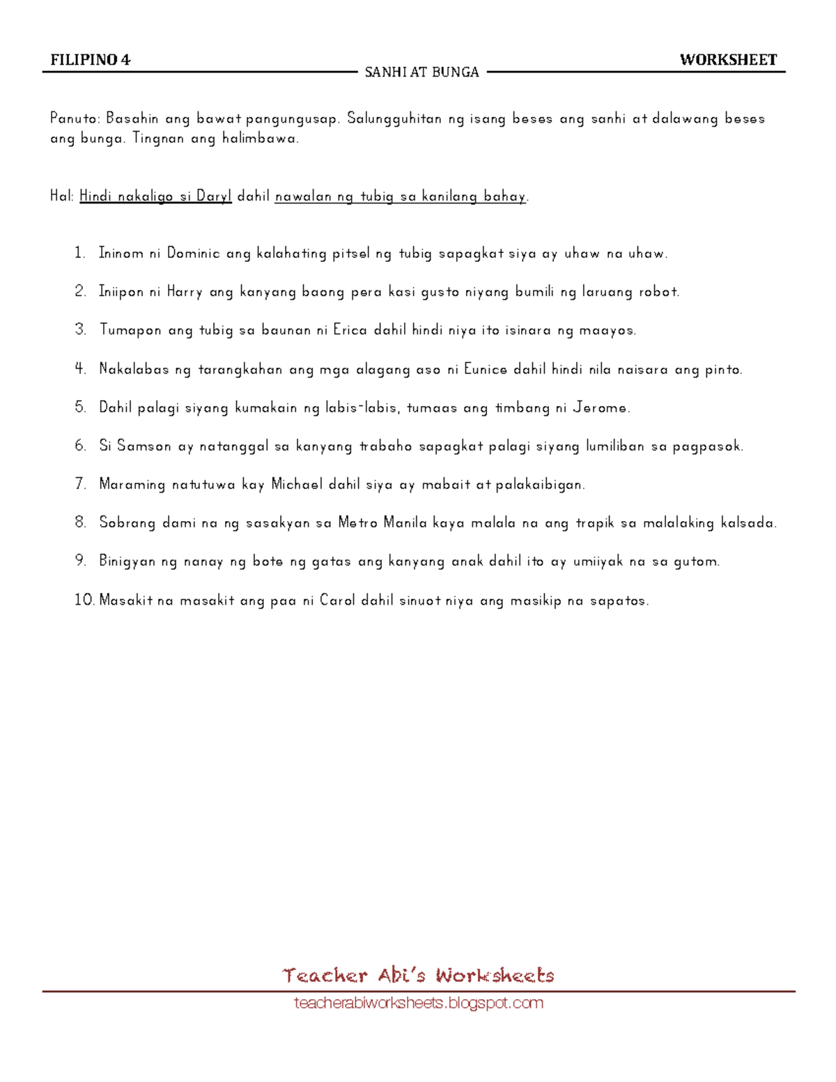 Fil 4 - Sanhi at Bunga Worksheet - Teacher Abi's Exercises - Studocu