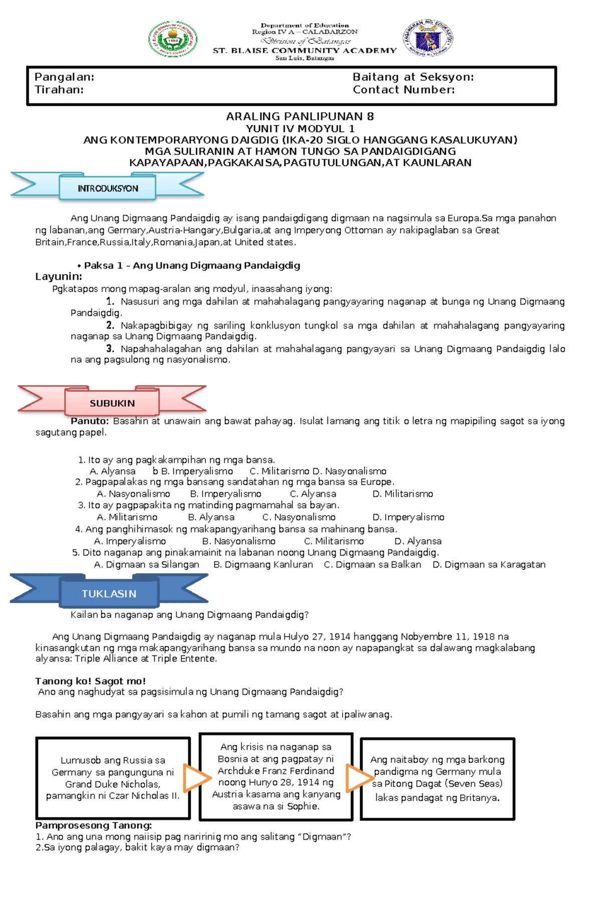 Ap grade 8 module 1 4th quarter - ARALING PANLIPUNAN 8 YUNIT IV- MODYUL ...