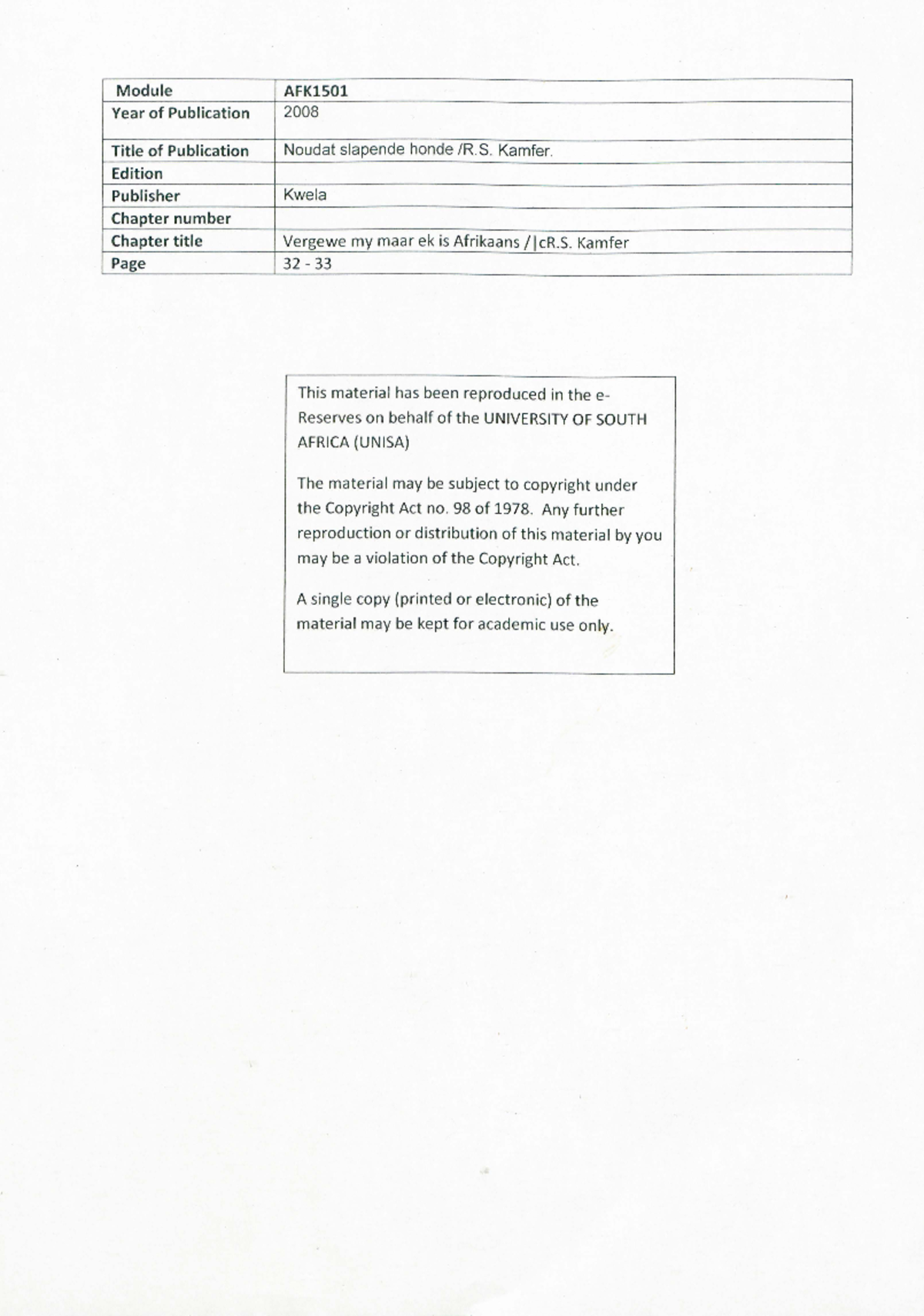 Vergewe my maar ek is Afrikaans - Hoofstuk 32-33, R.S. Kamfer - Studocu