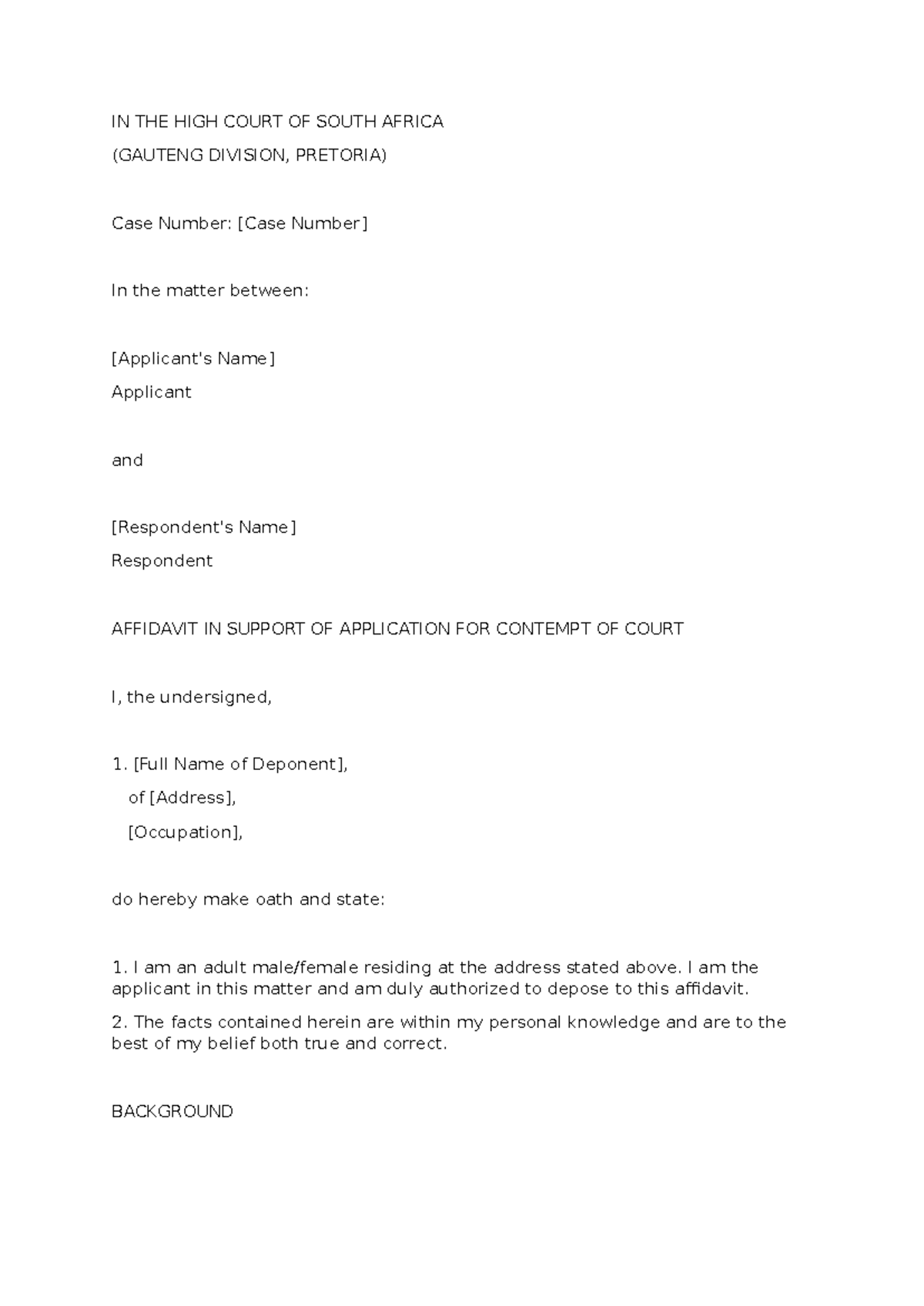 Template on how to draft a contempt of court affidavit - IN THE HIGH ...