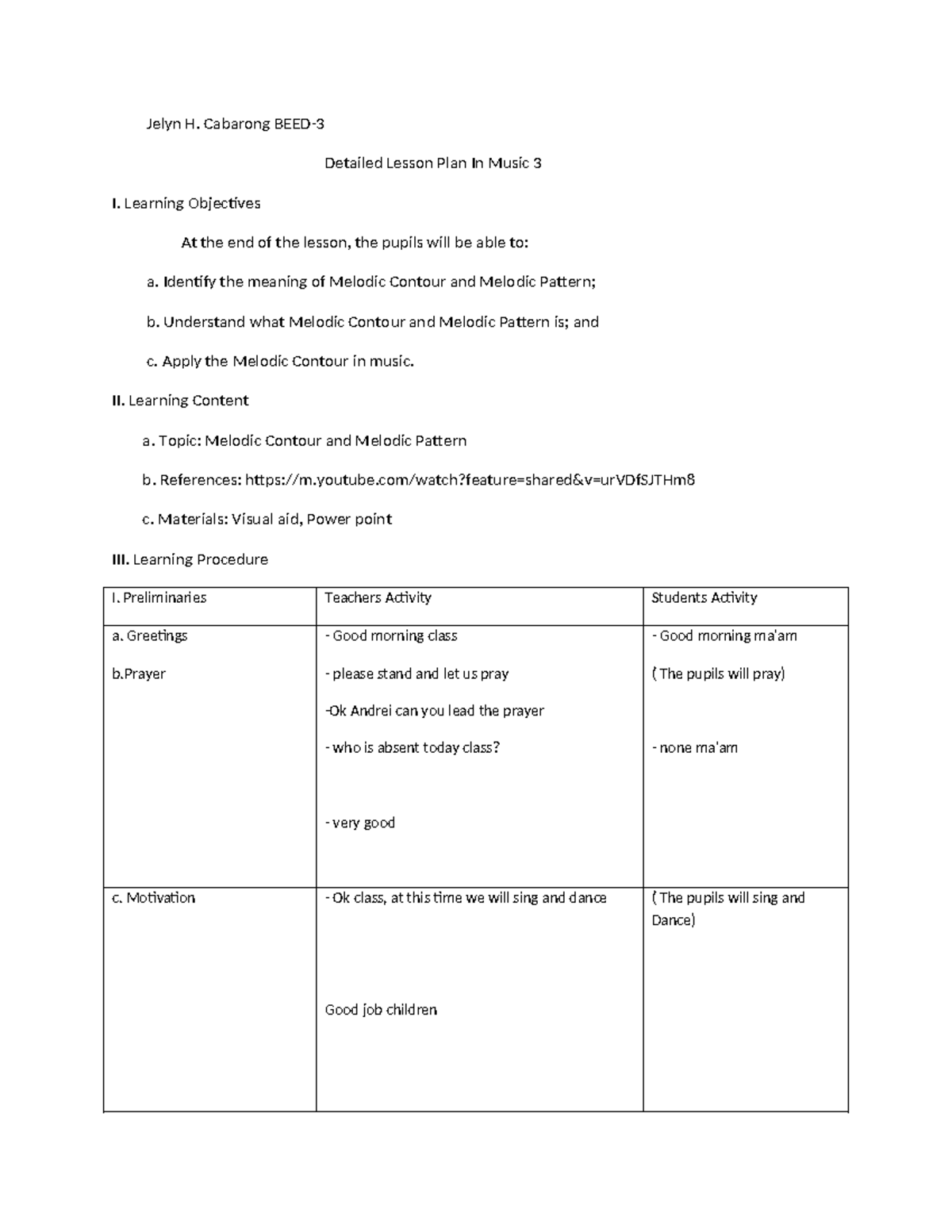 Detailed Lesson Plan in Music 3: Melodic Contour & Pattern - Studocu