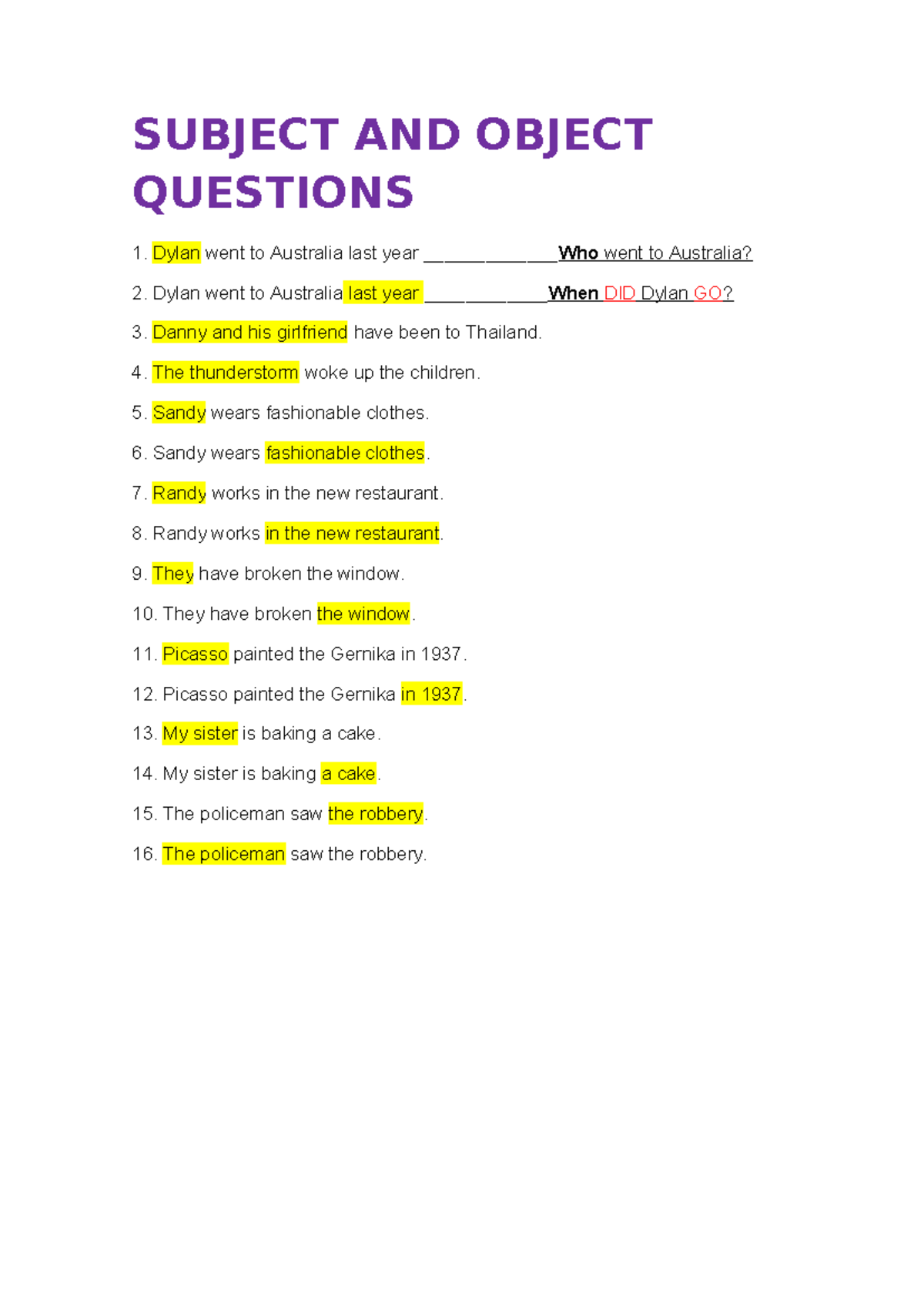 Subject and Object Questions Practice Exercises - Studocu