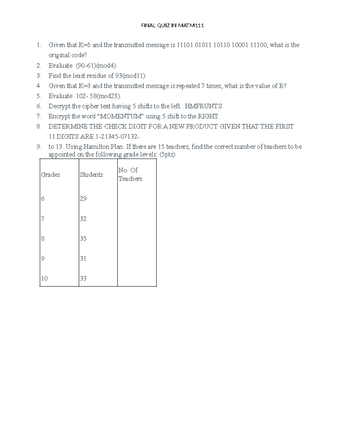 Math Quiz: Code Theory and Voting Methods Analysis (Course Code ...