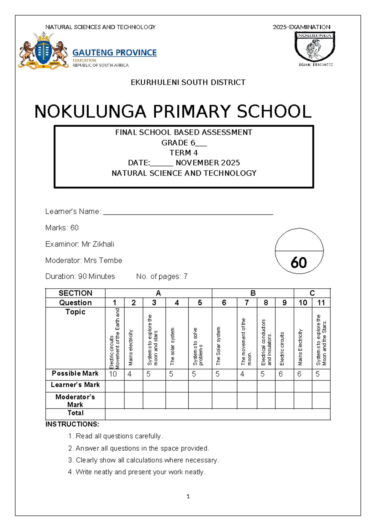 NATURAL SCIENCES & TECHNOLOGY GRADE 6 FINAL SCHOOL BASED ASSESSMENT ...