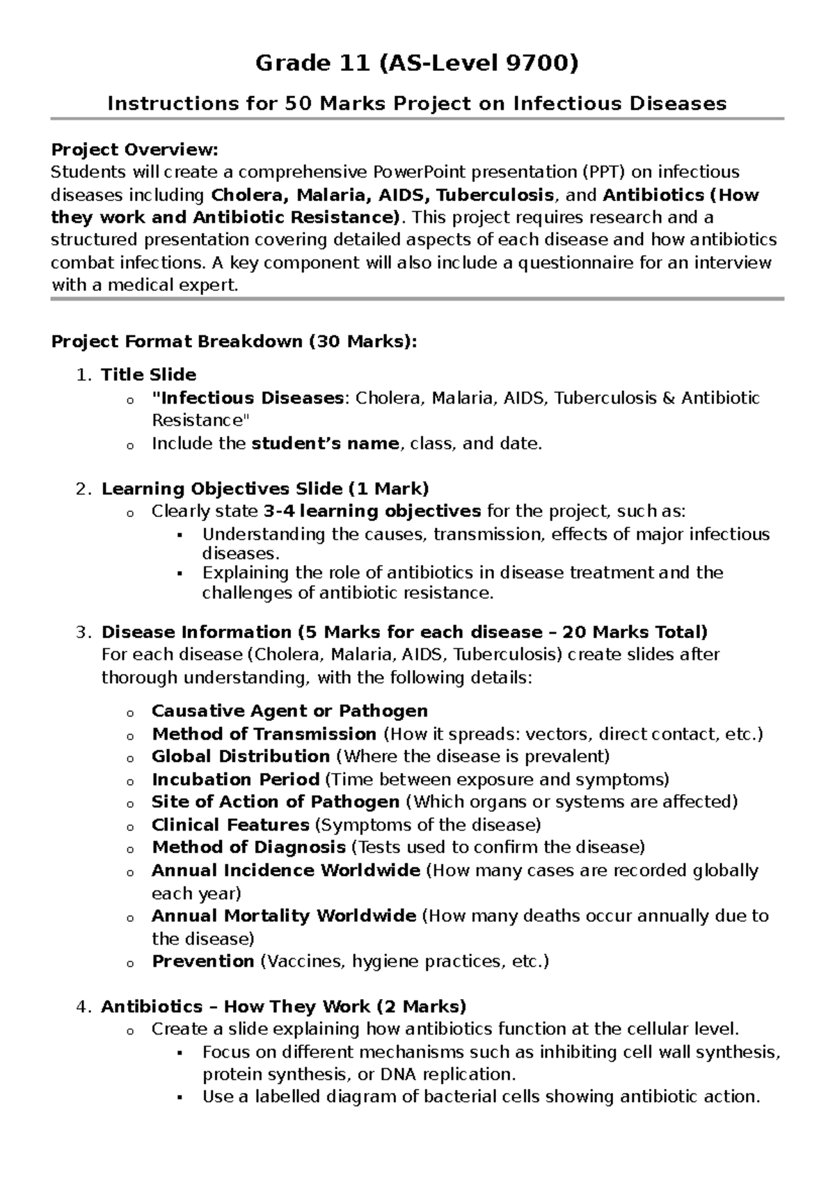 Formative Project - Les 10 Infectious Disease (50 Mks) - Grade 11 (AS ...