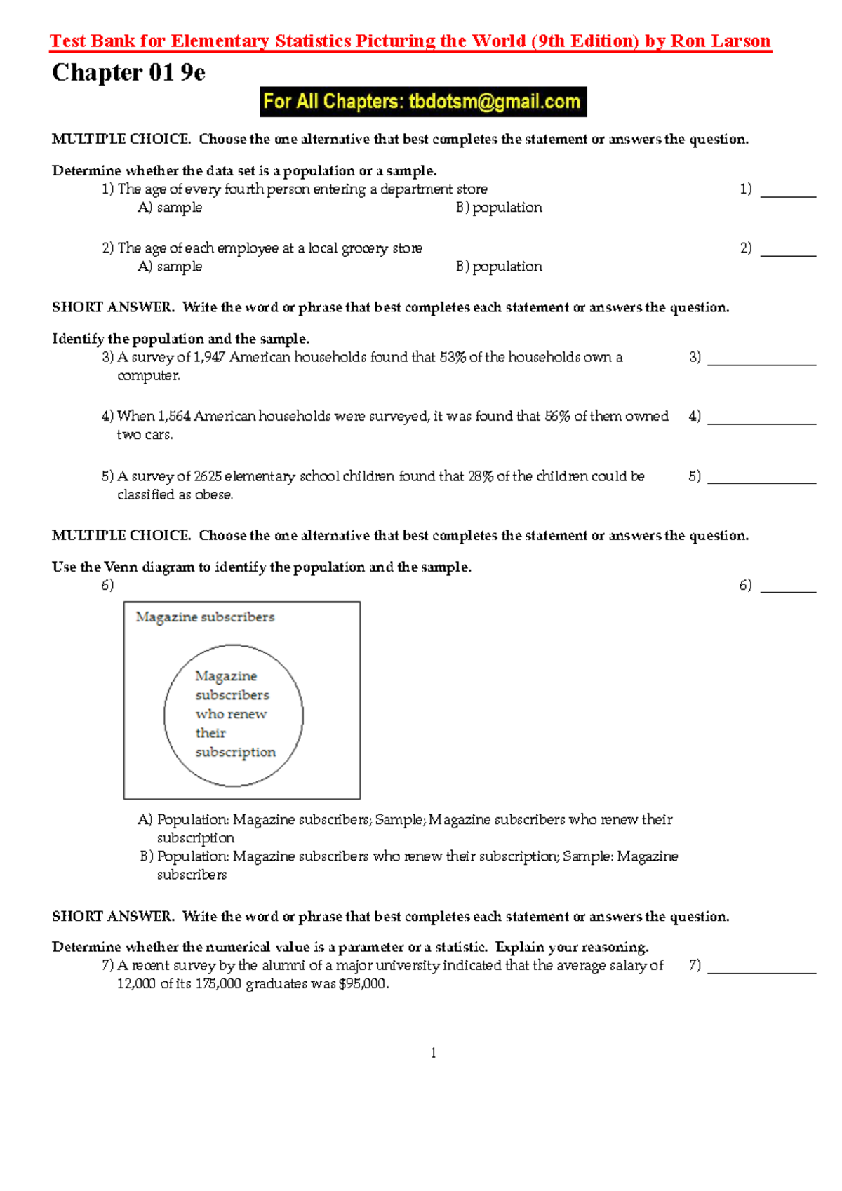 Test Bank for Elementary Statistics (9e) - Chapter 01 MC & SA Questions ...