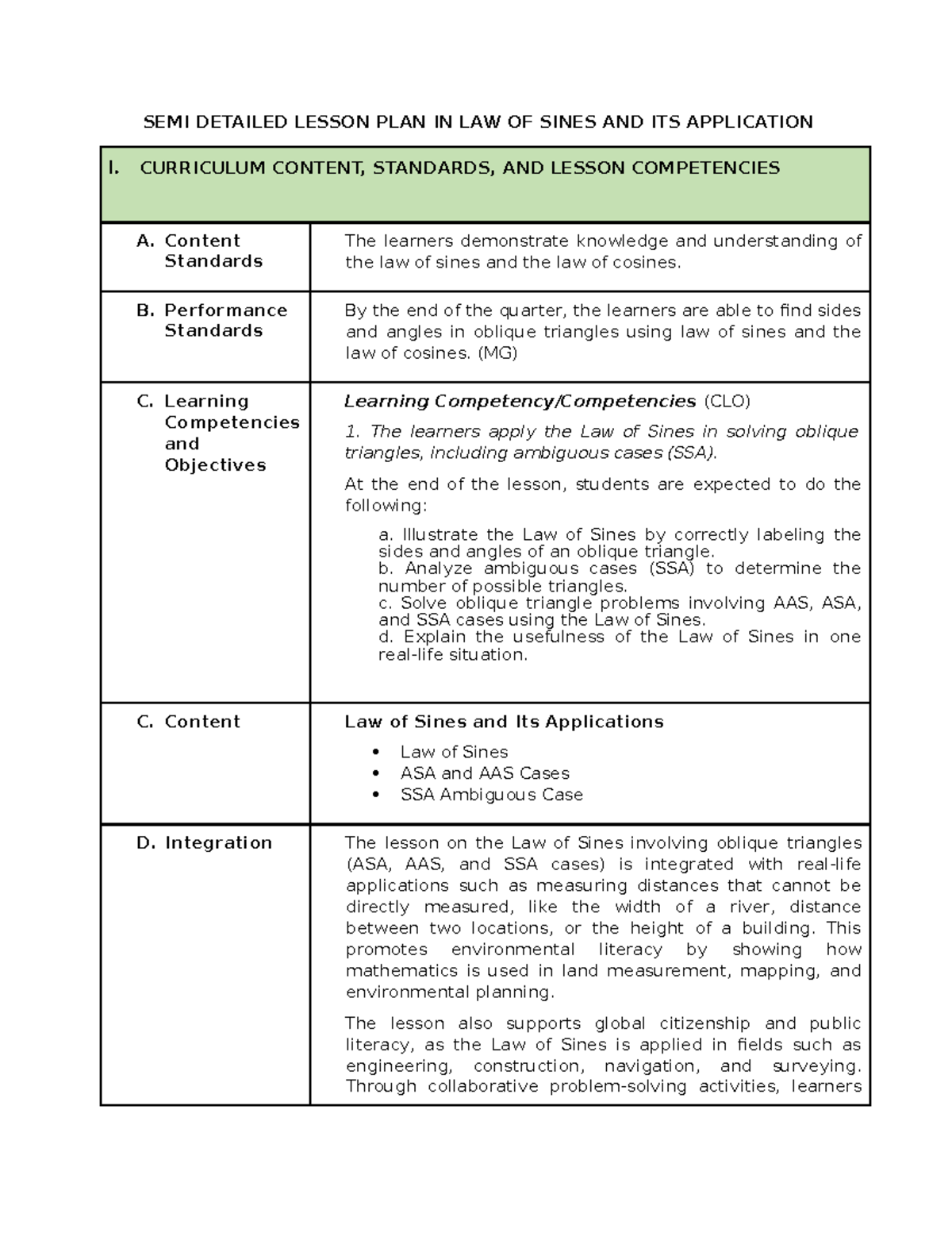 SEMI DETAILED LESSON PLAN ON LAW OF SINES AND ITS APPLICATIONS - Studocu