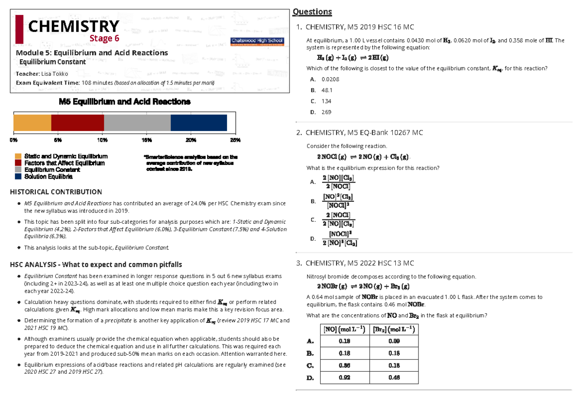 Equilibrium Constant Analysis for CHEMISTRY M5 HSC Exam - Studocu