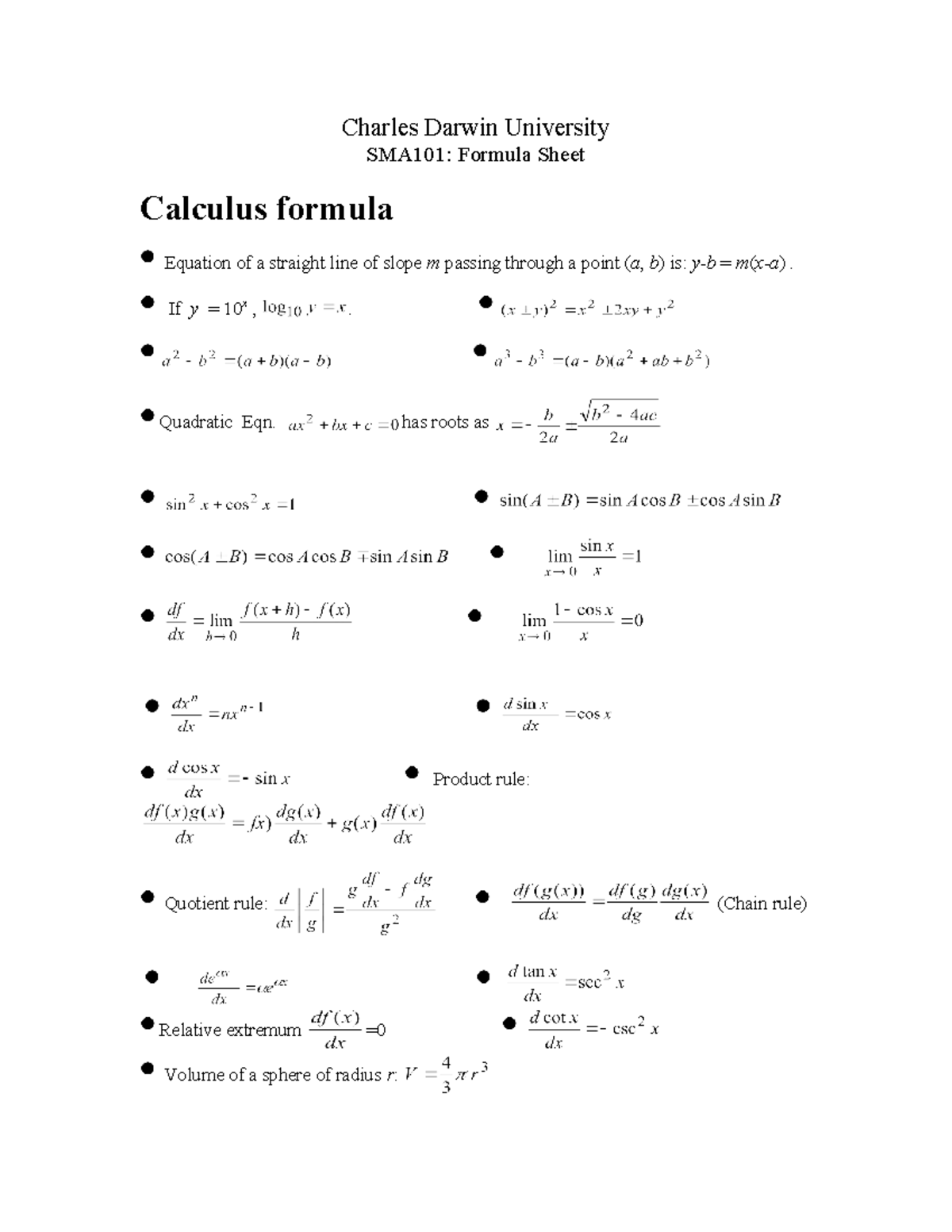 SMA101-Formula sheet - mATHS fORMULA - Accounting - Charles Darwin University SMA101: Formula ...