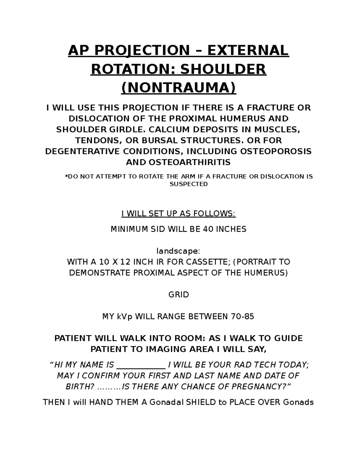Transthoracic Lateral Projection of Humerus (Trauma) Guidelines - Studocu