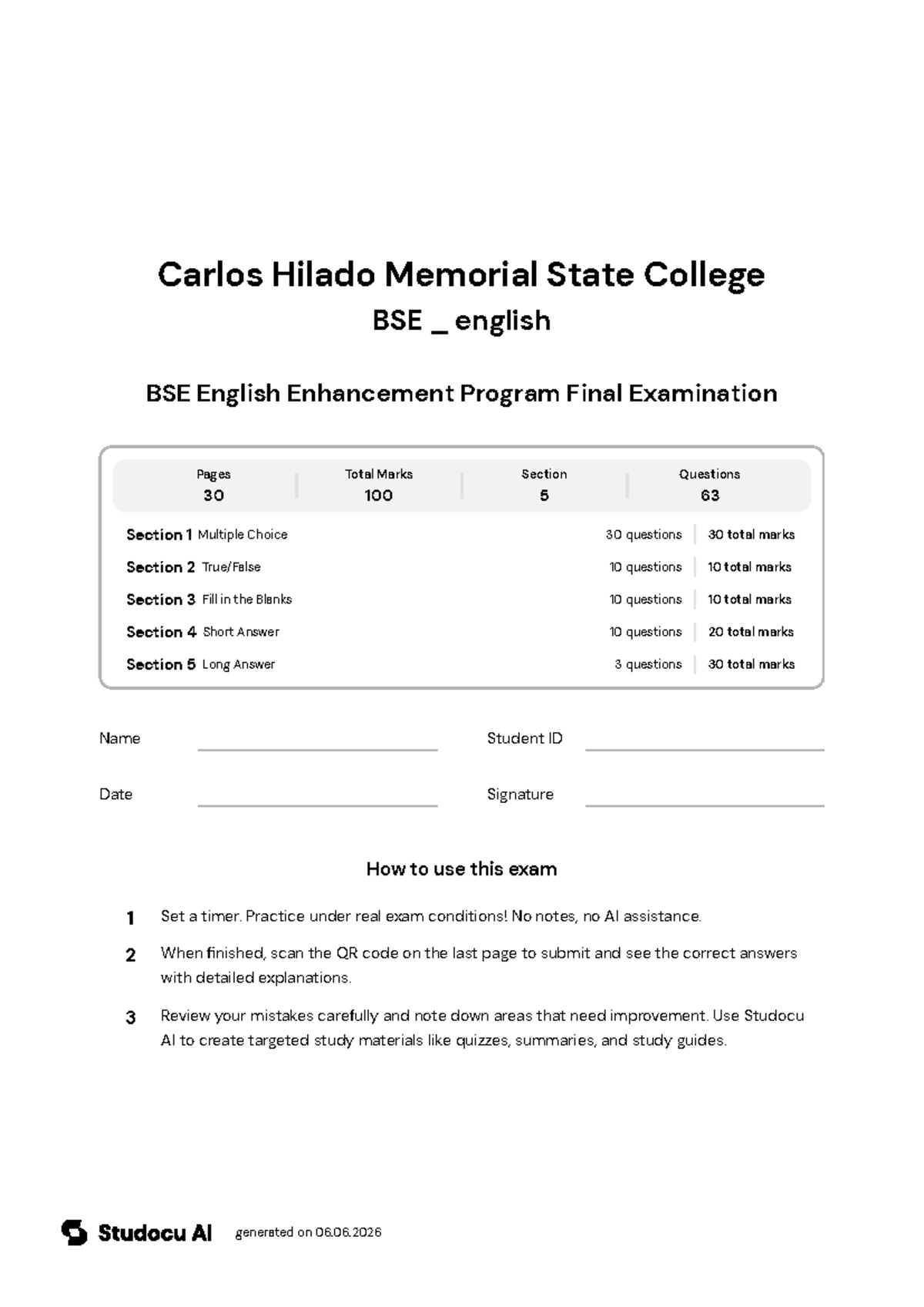 BSE English Enhancement Program Final Exam - Studocu
