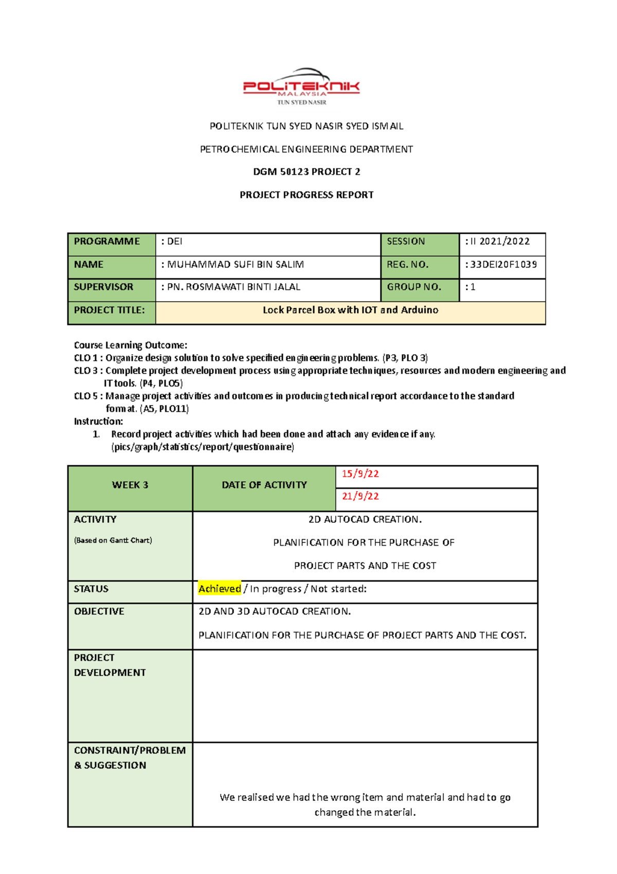DGM 50123 - Progress Report for Project on IoT Lock Parcel Box - Studocu