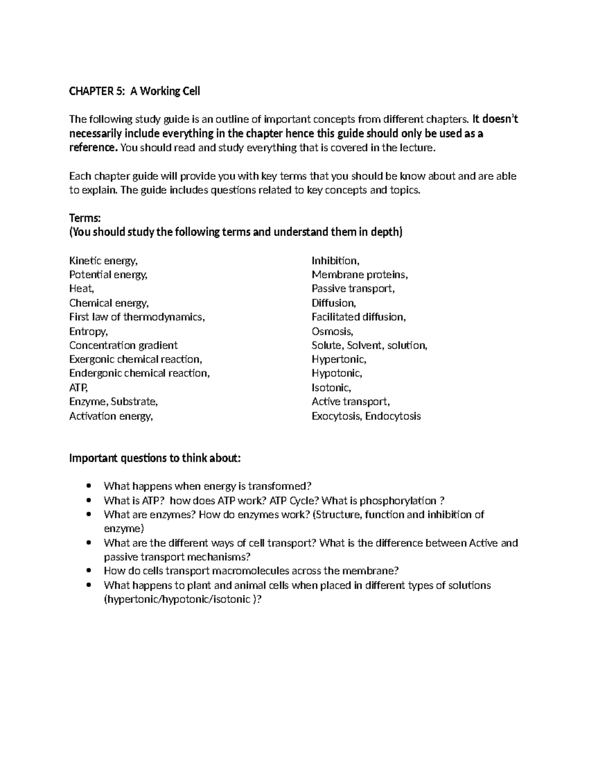 Biology 101: Chapter 5 Study Guide on Cellular Energy and Transport ...