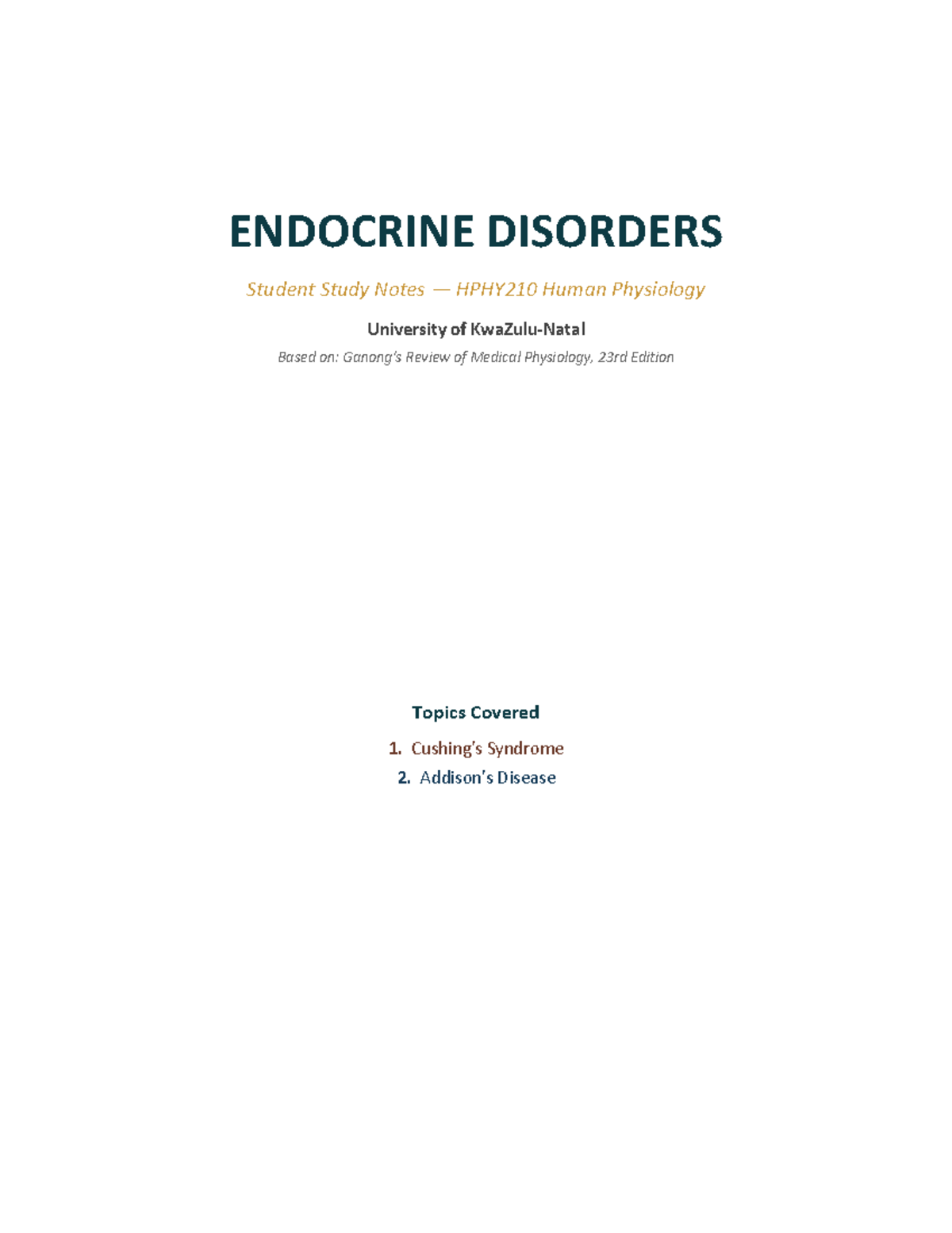 HPHY210 Lecture Notes: Endocrine Disorders Overview - Studocu